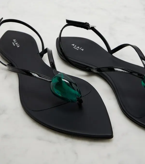 Alaïa Embellished Patent Leather Thong Sandals - Black