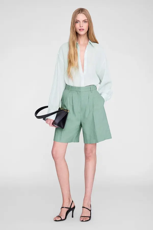 ANINE BING Tailored Knee-length Pleated Shorts - Sea Foam Green