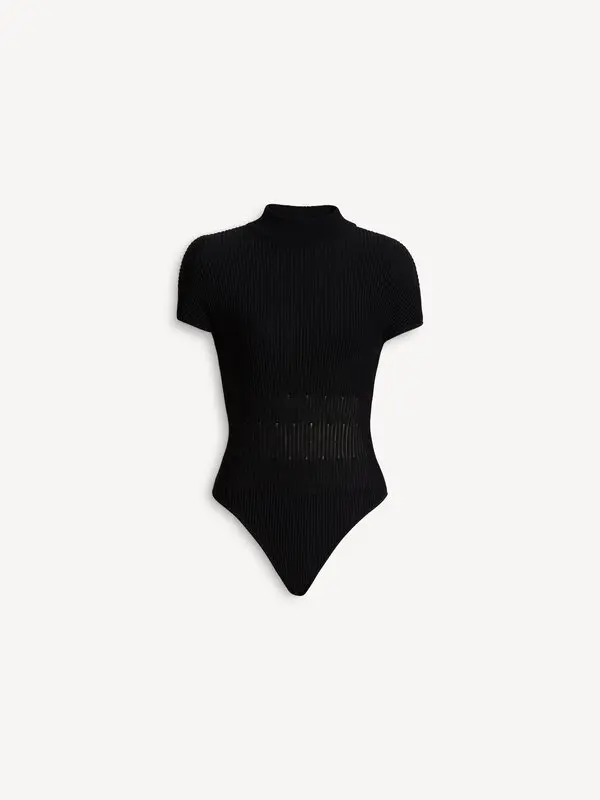 Balmain Ribbed Knit High Neck Short Sleeve Bodysuit