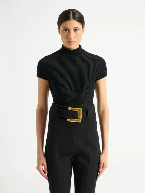 Balmain Ribbed Knit High Neck Short Sleeve Bodysuit