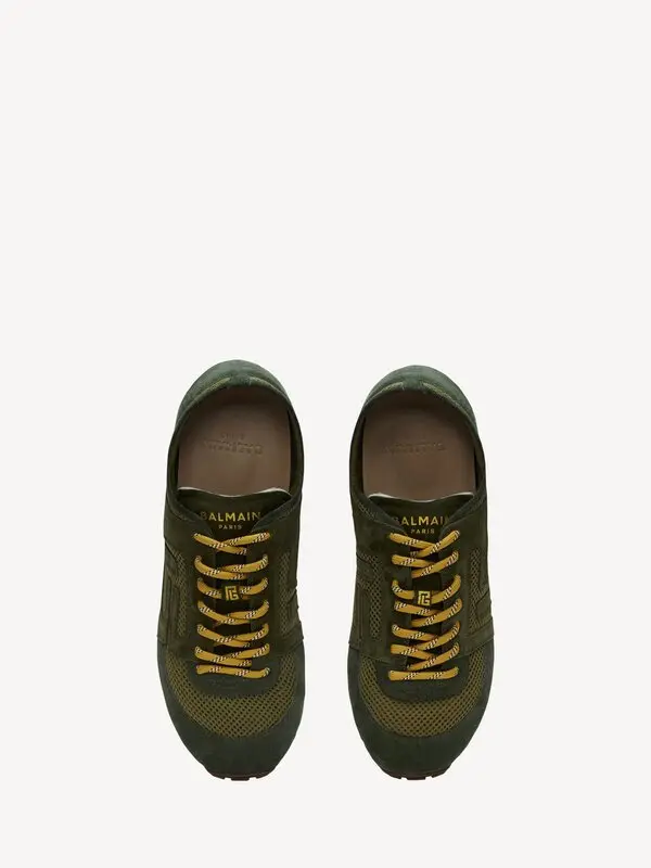 Balmain Racer Trainers In Mesh And Suede Calfskin Leather - Khaki