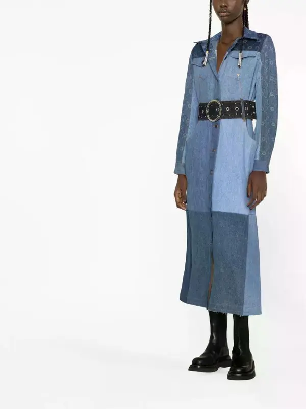 MARINE SERRE Belted Panelled Denim Coat - Blue