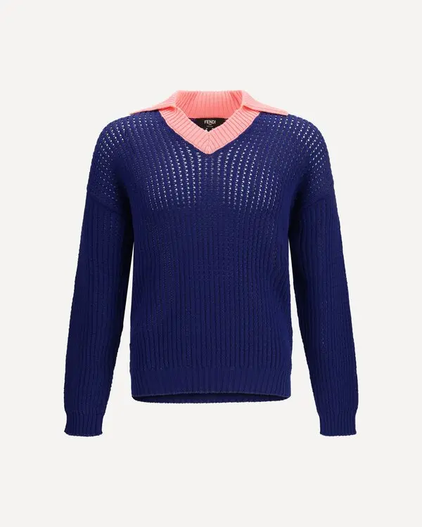 Fendi Ribbed V-neck Sweater With Ff Motif - Blue