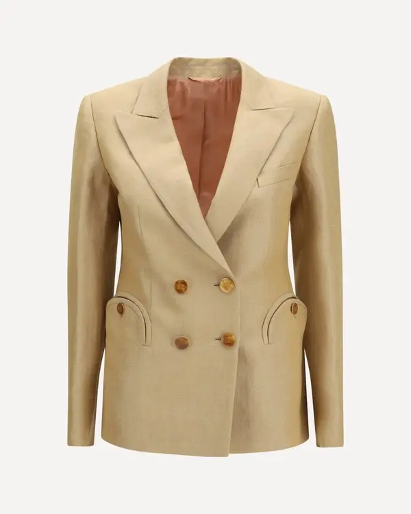 BLAZÉ MILANO Double-breasted Peak Lapel Linen-blend Blazer - Beige