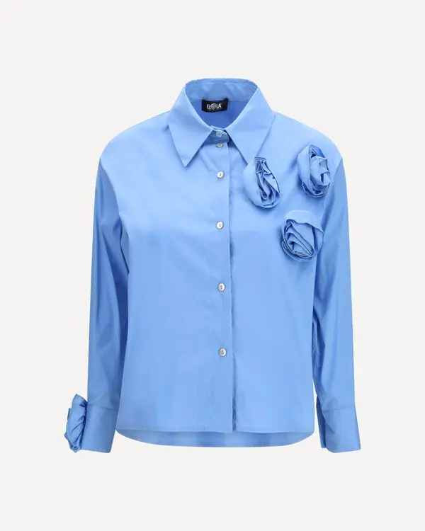 ELLA Shirt With Appliqué Roses And Classic Collar - Light Blue