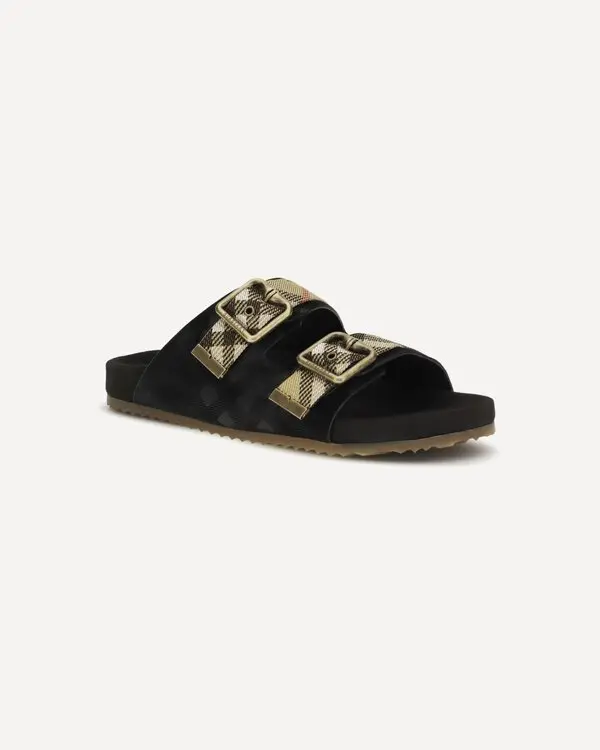 Burberry Suede Check Sandals With Logo Buckles
