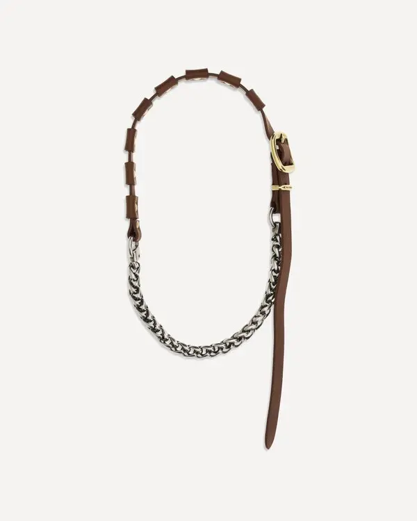 Miu Miu Leather Necklace With Silver-tone Chain And Buckle - Brown