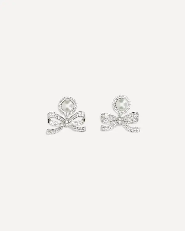 SELF-PORTRAIT Crystal And Faux Pearl Bow Drop Earrings - Silver