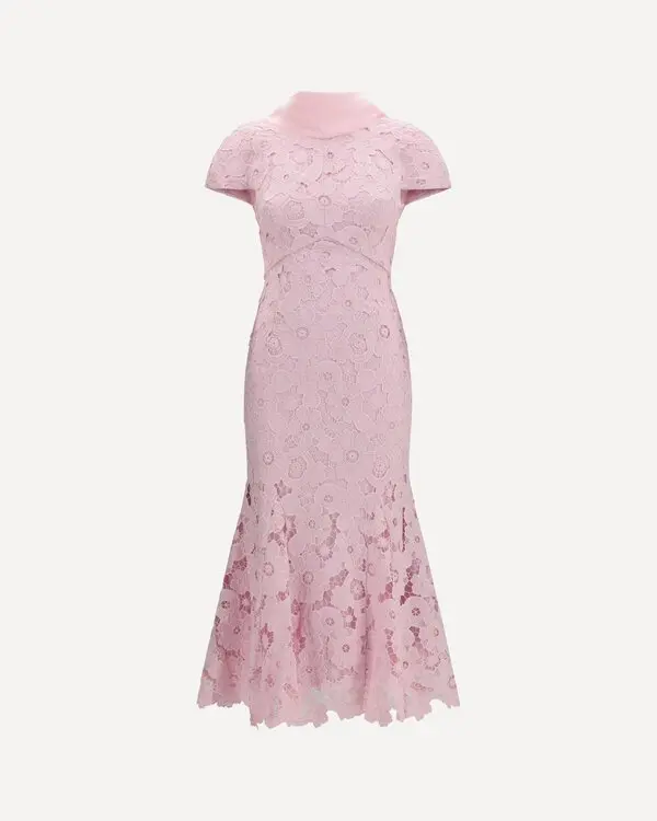 SELF-PORTRAIT Lace Midi Dress With Scalloped Hem - Pink