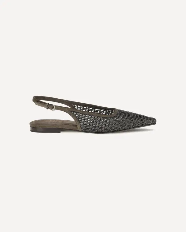 Brunello Cucinelli Pointed Slingback Ballerinas With Precious Net Embroidery