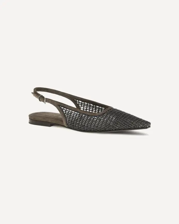 Brunello Cucinelli Pointed Slingback Ballerinas With Precious Net Embroidery