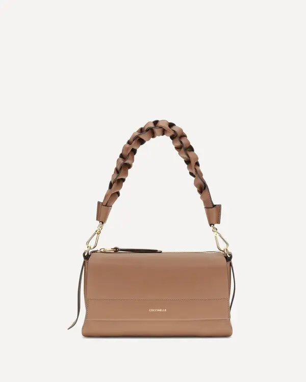 COCCINELLE Boheme Leather Shoulder Bag With Woven Handle - Beige