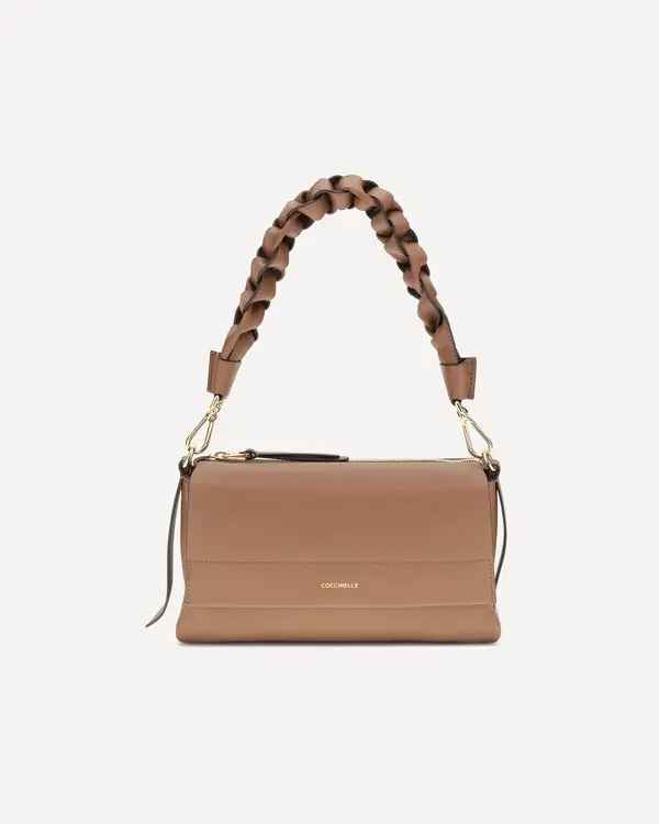 COCCINELLE Boheme Leather Shoulder Bag With Woven Handle - Beige
