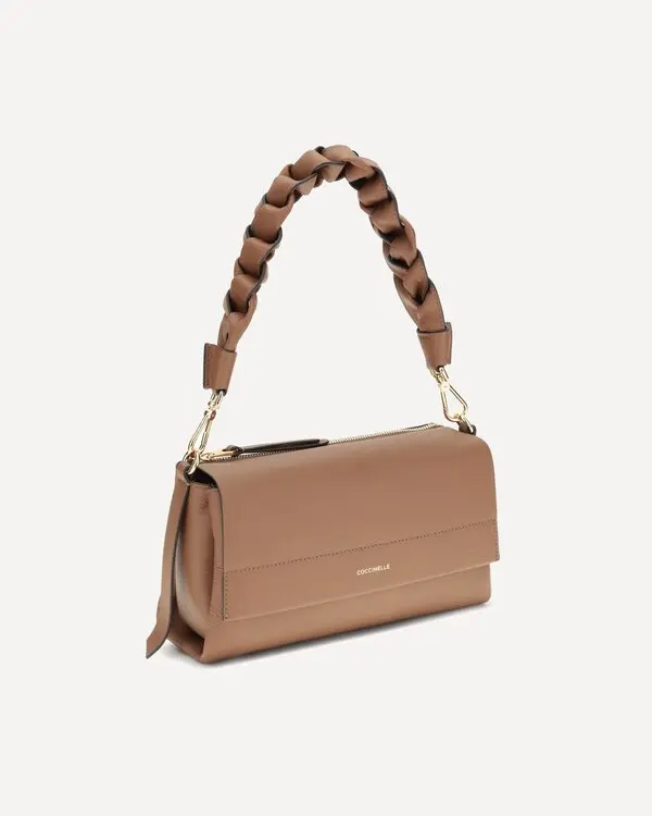 COCCINELLE Boheme Leather Shoulder Bag With Woven Handle - Beige