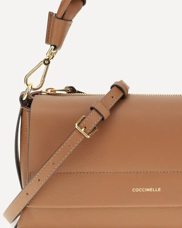 COCCINELLE Boheme Leather Shoulder Bag With Woven Handle - Beige