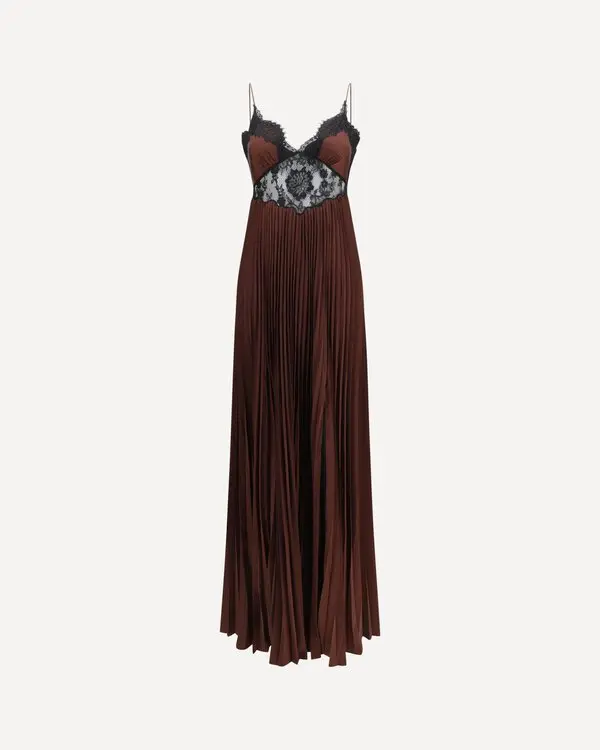 SELF-PORTRAIT Satin Maxi Dress With Lace Inserts And Pleated Skirt