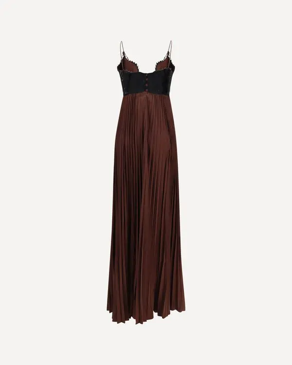 SELF-PORTRAIT Satin Maxi Dress With Lace Inserts And Pleated Skirt