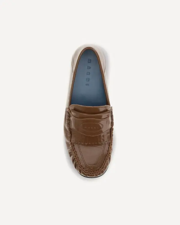 Marni Polished Leather Loafers With Tassels And Foldable Heel - Brown