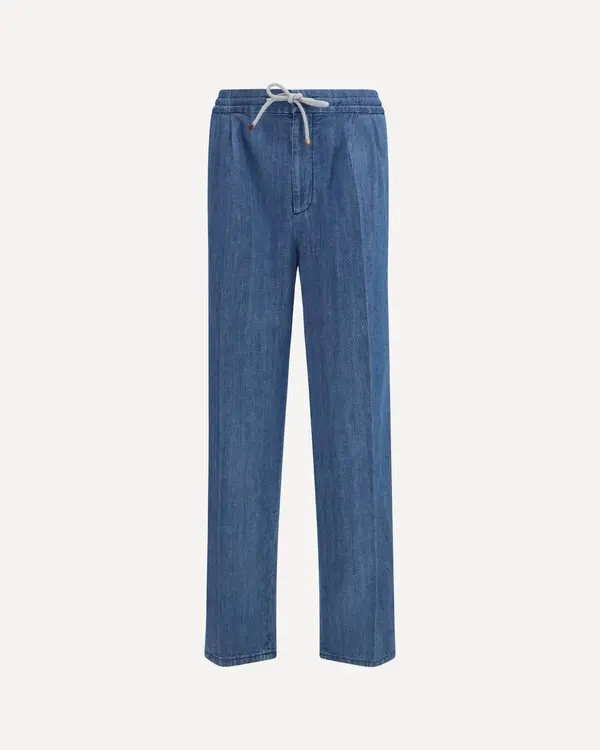 Brunello Cucinelli Lightweight Denim Pants With Drawstring And Double Pleats - Blue