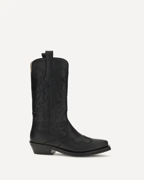 GANNI Embroidered Mid-calf Western Boots - Black