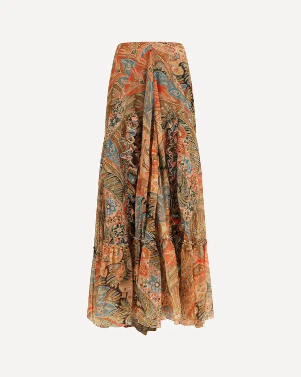 Etro Silk Long Skirt With Flounce And Paisley Motif