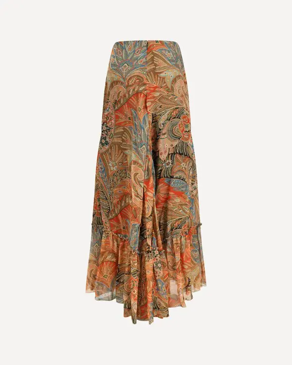 Etro Silk Long Skirt With Flounce And Paisley Motif