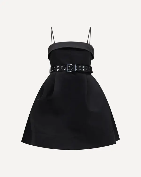 GANNI Short Satin Dress With Full Skirt And Belt - Black