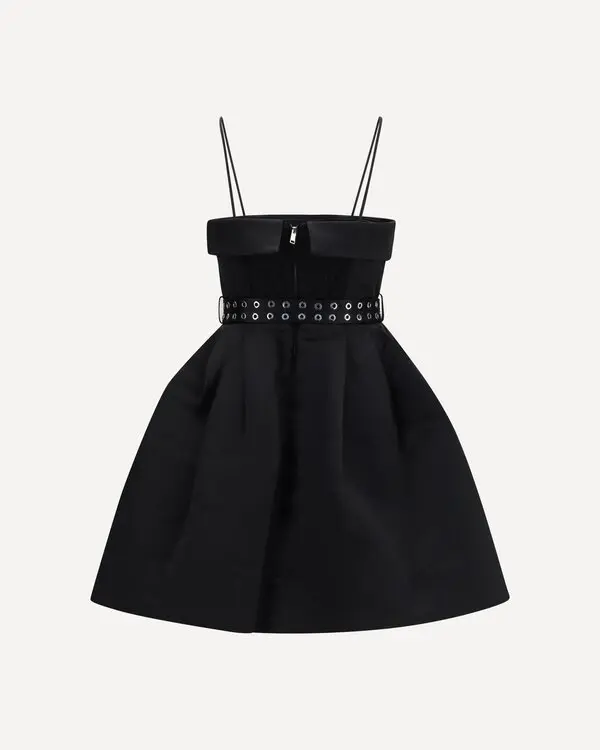 GANNI Short Satin Dress With Full Skirt And Belt - Black