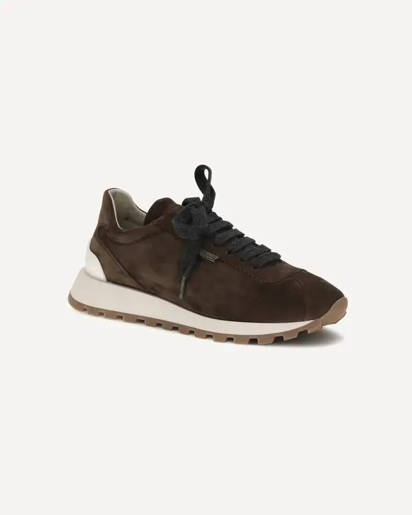 Brunello Cucinelli Runner Sneakers In Suede With Monile Detail - Brown