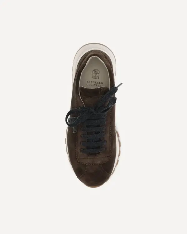 Brunello Cucinelli Runner Sneakers In Suede With Monile Detail - Brown