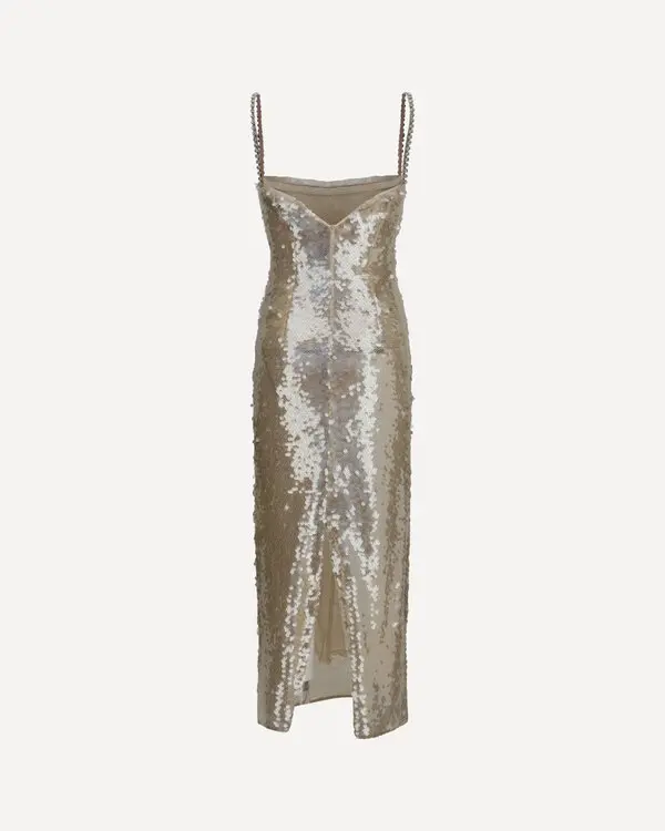 NISSA Midi Sequin Dress With Crystal Embellished Straps
