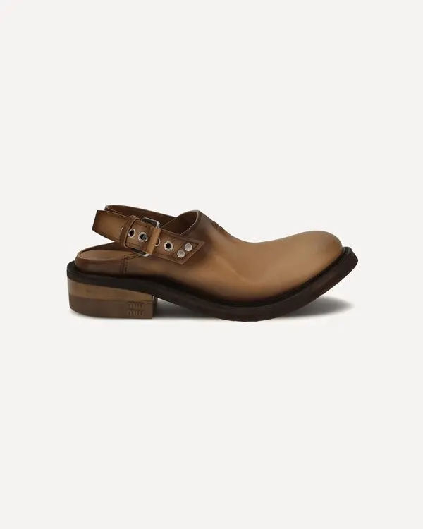 Miu Miu Distressed Calf Leather Mules With Adjustable Strap - Brown