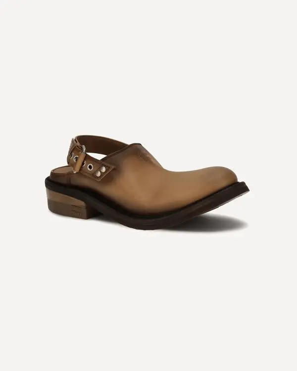 Miu Miu Distressed Calf Leather Mules With Adjustable Strap - Brown