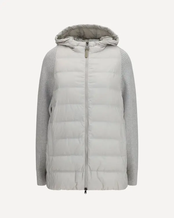 Brunello Cucinelli Long Monili Chain Puffer Jacket With Knit Sleeves - Grey