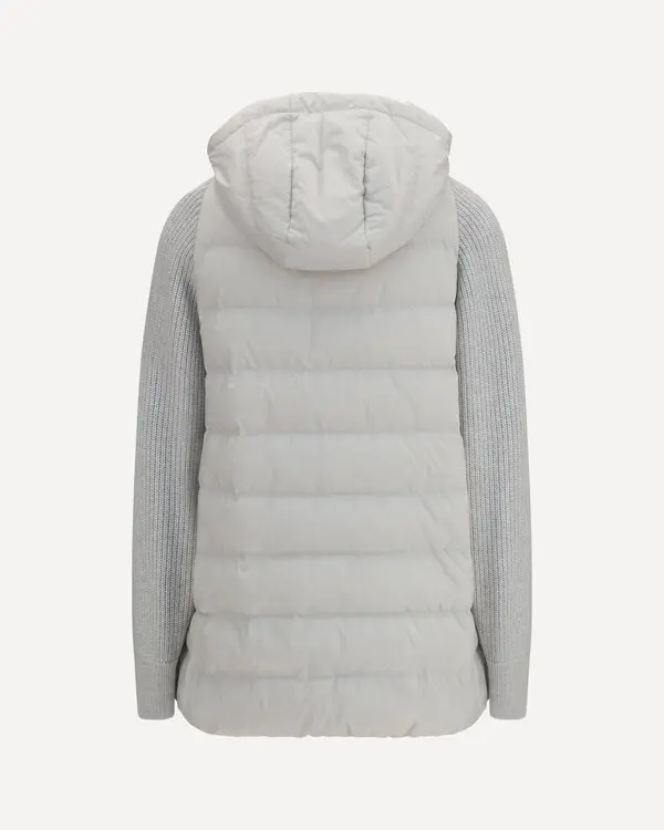 Brunello Cucinelli Long Monili Chain Puffer Jacket With Knit Sleeves - Grey