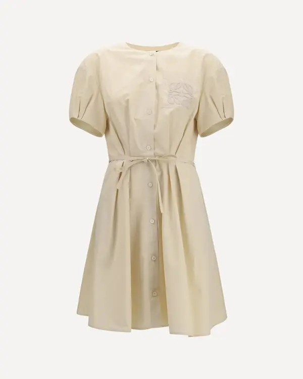 Loewe Short Sleeve Cotton Poplin Dress With Crochet Anagram Embroidery