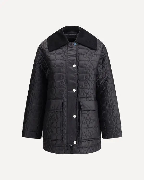 GANNI Quilted Down Jacket With Corduroy Collar - Grey