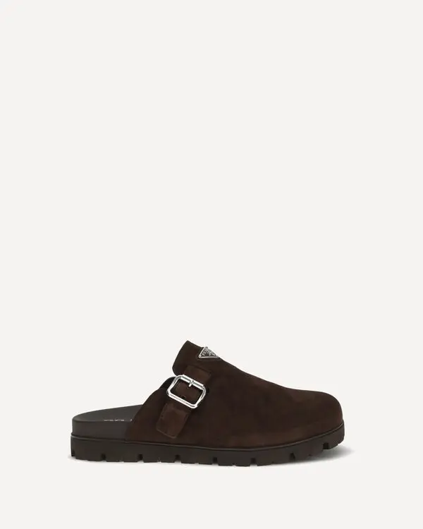 Prada Suede Mules With Metal Triangle Logo - Brown