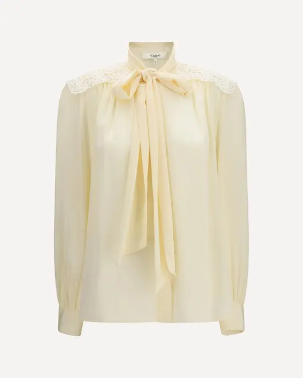 Chloé Embroidered Bow Blouse - Cream