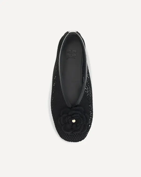 GANNI Jenny Mesh Ballerinas With Floral Detail - Black