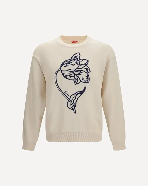 Kenzo Tulip Embroidered Wool And Cotton Sweater - Beige