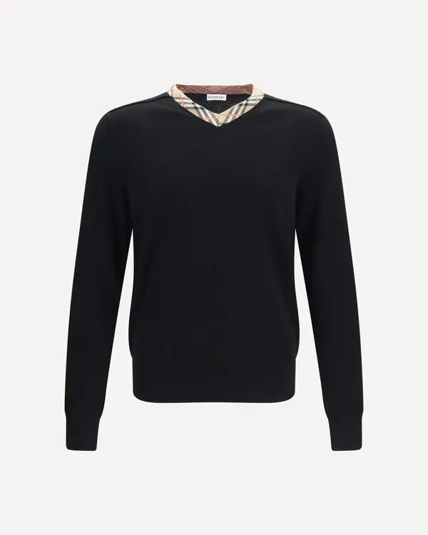 Burberry Check Trim Wool V-neck Sweater