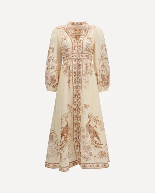 Zimmermann Indra Plunge Floral Midi Dress - Beige