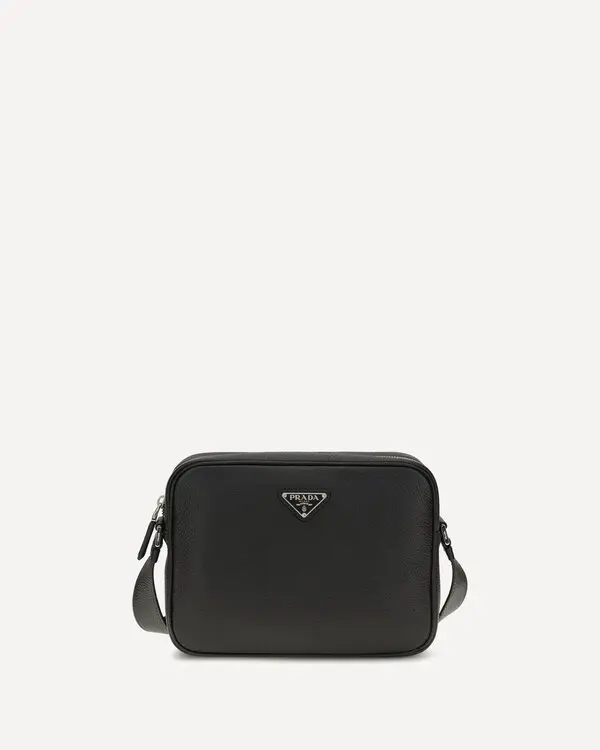 Prada Calfskin Leather Shoulder Bag With Enamel Logo - Black