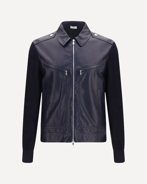Brunello Cucinelli Leather And Knit Zip-up Jacket