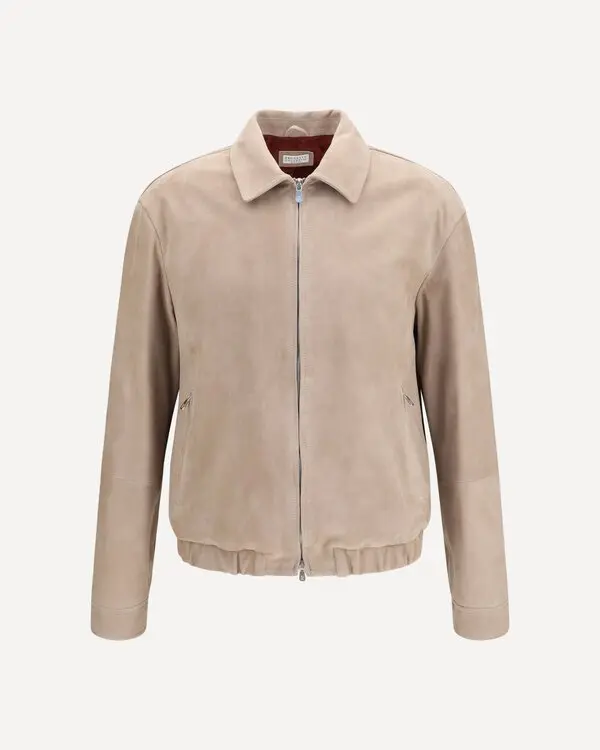 Brunello Cucinelli Leather Zip-up Jacket With Elasticated Hem - Beige