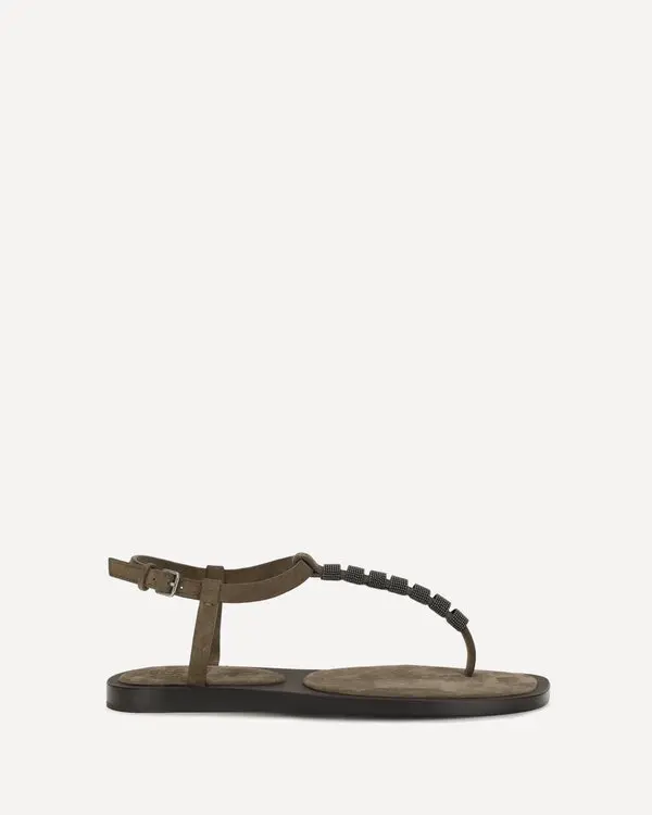 Brunello Cucinelli Embellished Calfskin T-strap Sandals - Brown