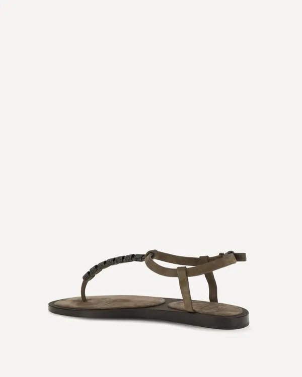 Brunello Cucinelli Embellished Calfskin T-strap Sandals - Brown
