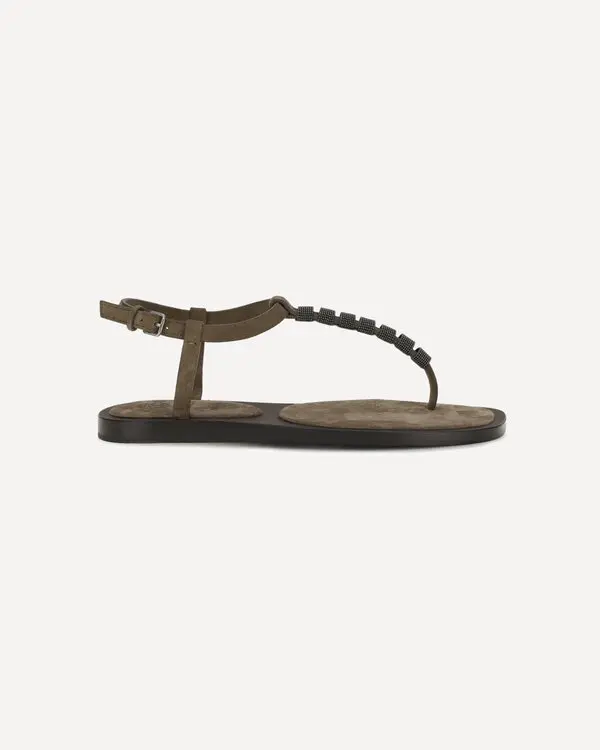 Brunello Cucinelli Embellished Calfskin T-strap Sandals - Brown