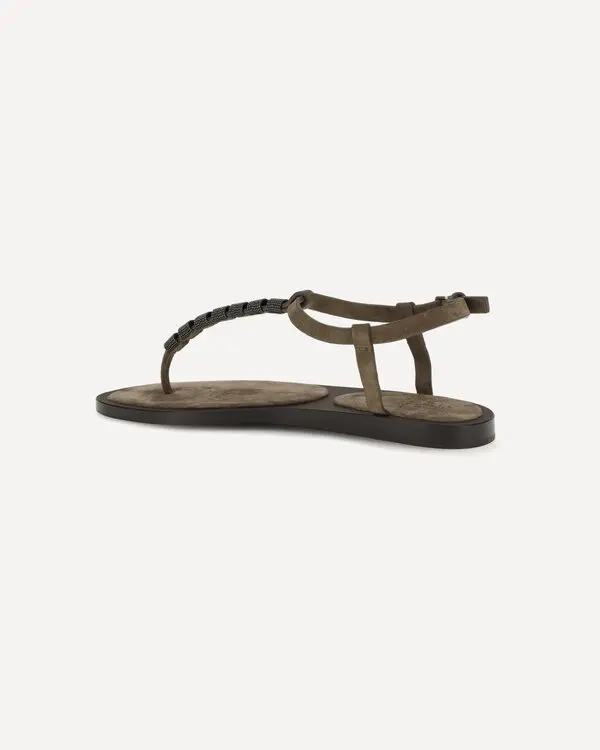 Brunello Cucinelli Embellished Calfskin T-strap Sandals - Brown